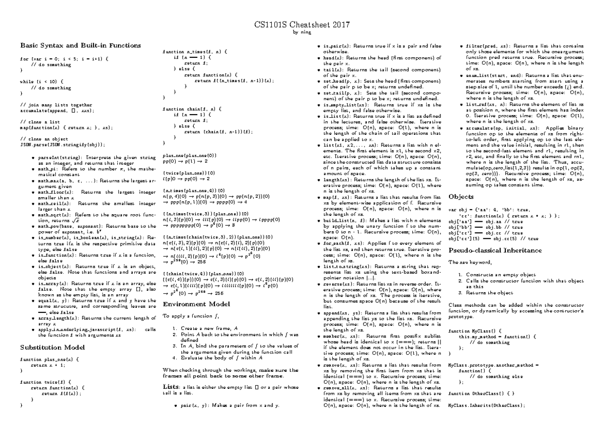 Cs1101s Finals 2017 S1 Cheatsheet Cs1101s Cheatsheet 2017 By Ning