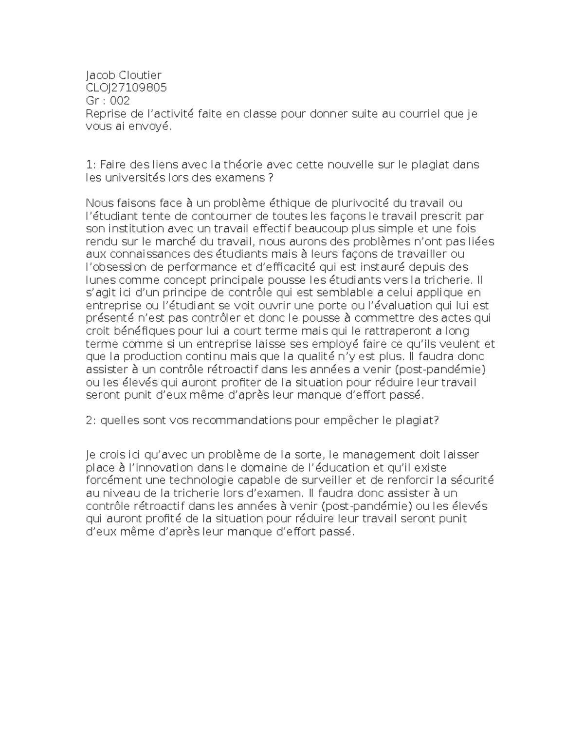 Activité reprise - Jacob Cloutier CLOJ Gr : 002 Reprise de l’activité ...