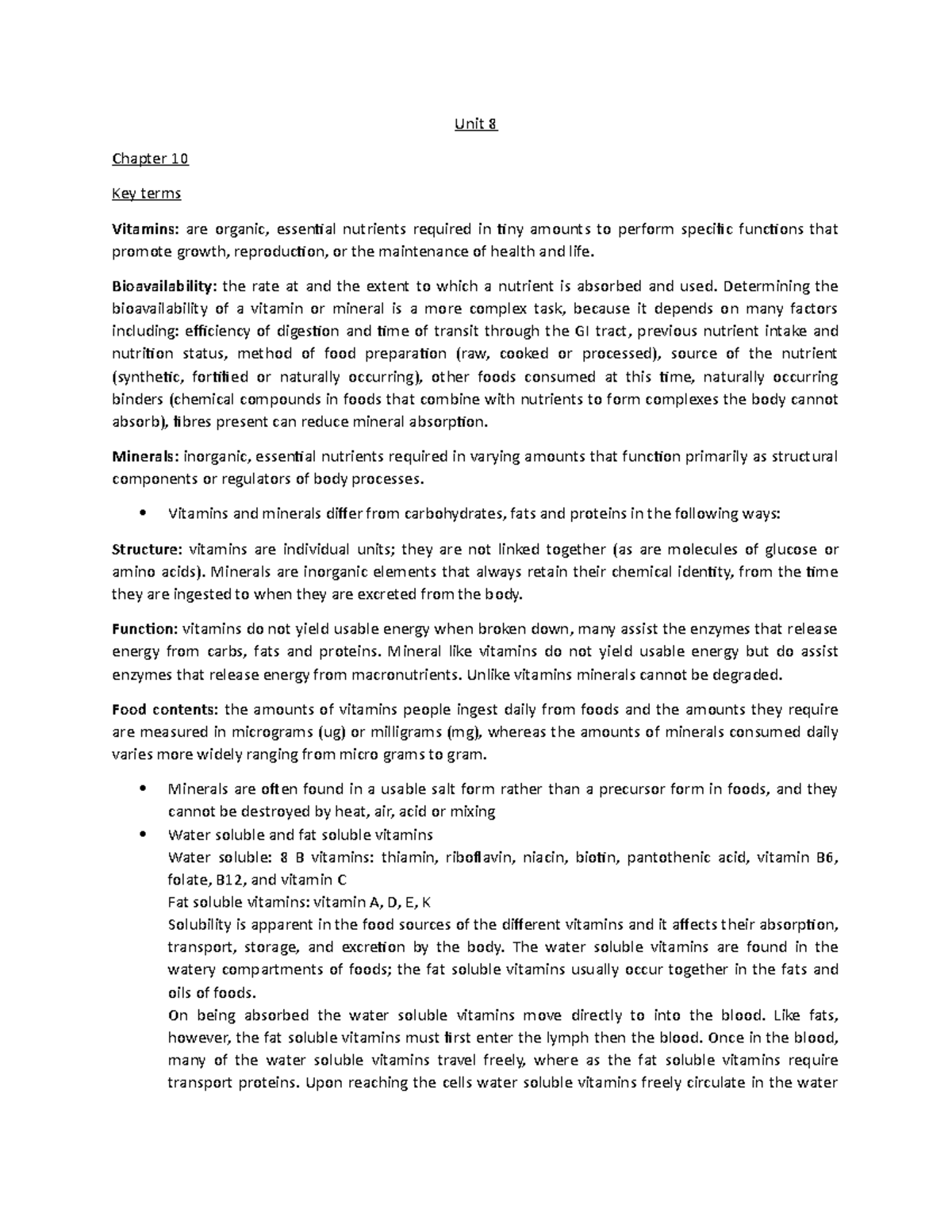 Introduction to Nutrition - Summary - Unit 8 - Unit 8 Chapter 10 Key ...