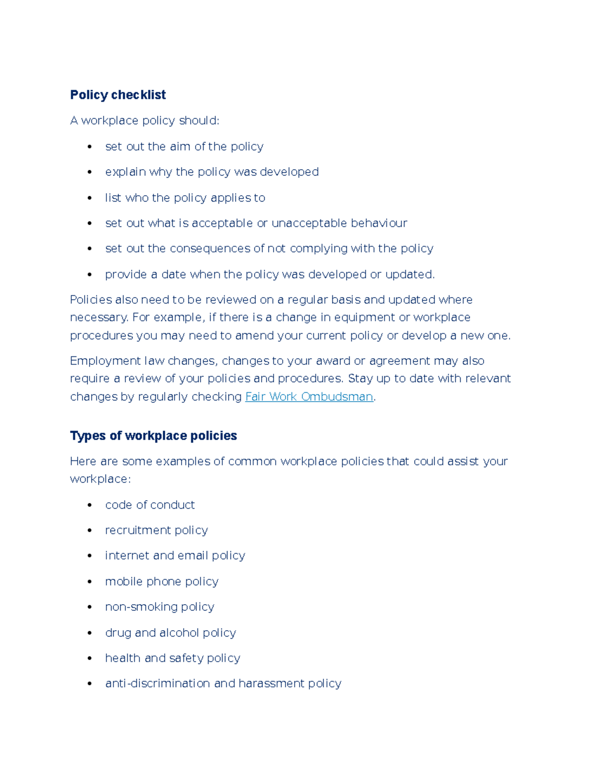 Why Create Business Policies - Policy checklist A workplace policy ...