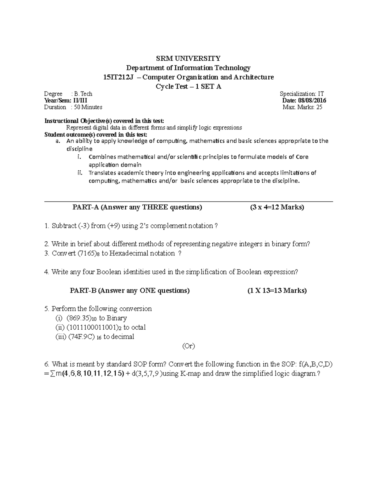 CT-1 Computer Organisation AND Architecture (2)-CT1 - SRM UNIVERSITY Department of Information ...