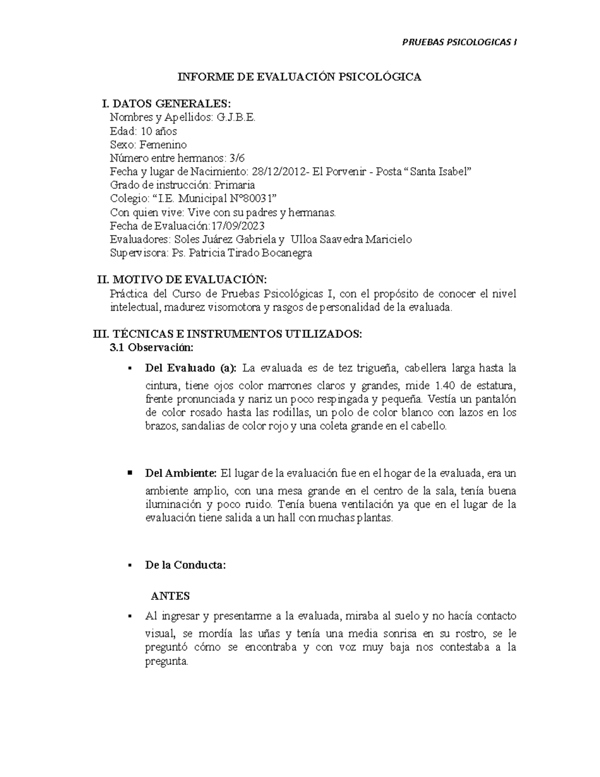 Informe de Evaluación Psicológica- Pruebas Psicológicas .docx - INFORME ...