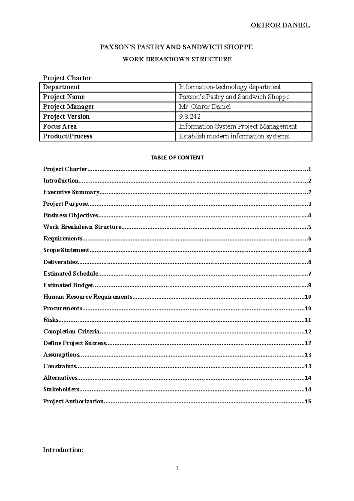Paxson Pastry WORK Breakdown Structure - Project Management Assgnment ...