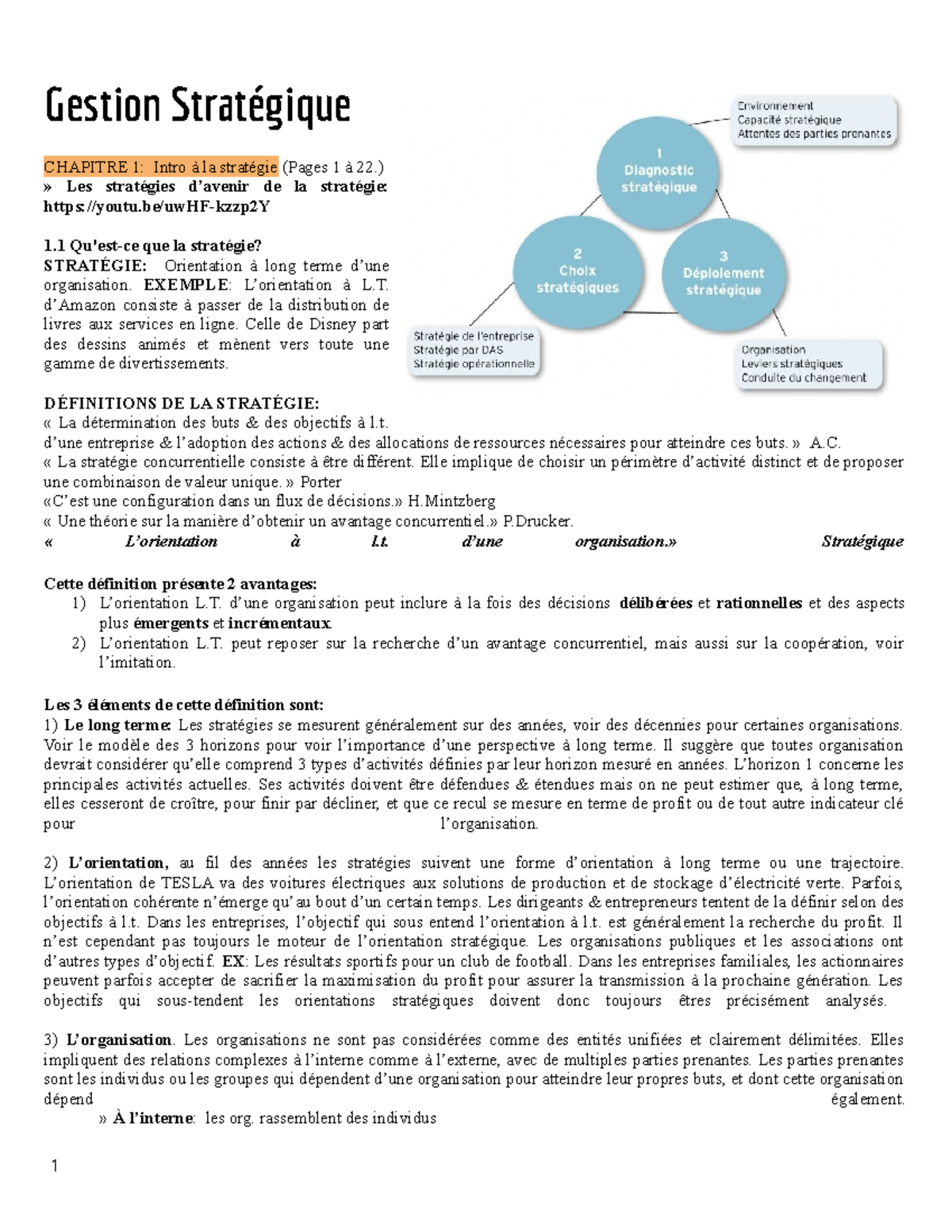 Note de cours Gestion Stratégique 2020 - Gestion Stratégique CHAPITRE 1 ...