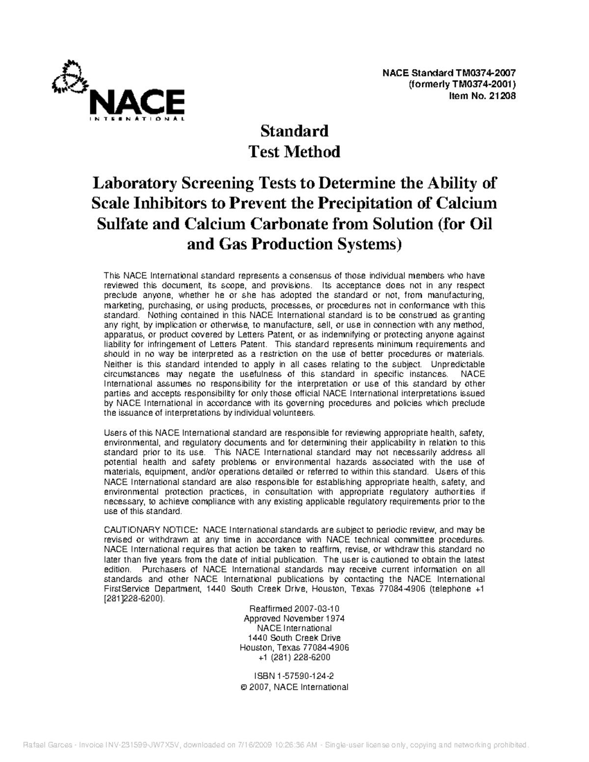 NACE 0374 - Norma NACE escamas inorgánicas - Standard Test Method ...