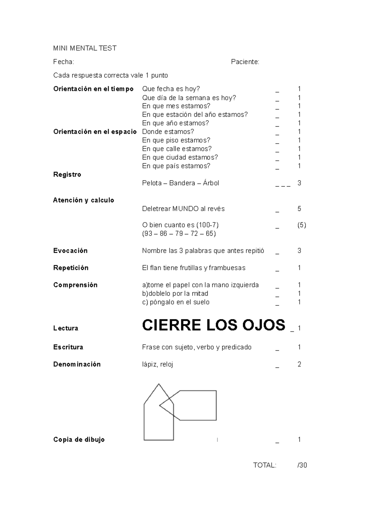 MINI Mental TEST - TEST DE SCREENING COGNITIVO - MINI MENTAL TEST Fecha ...