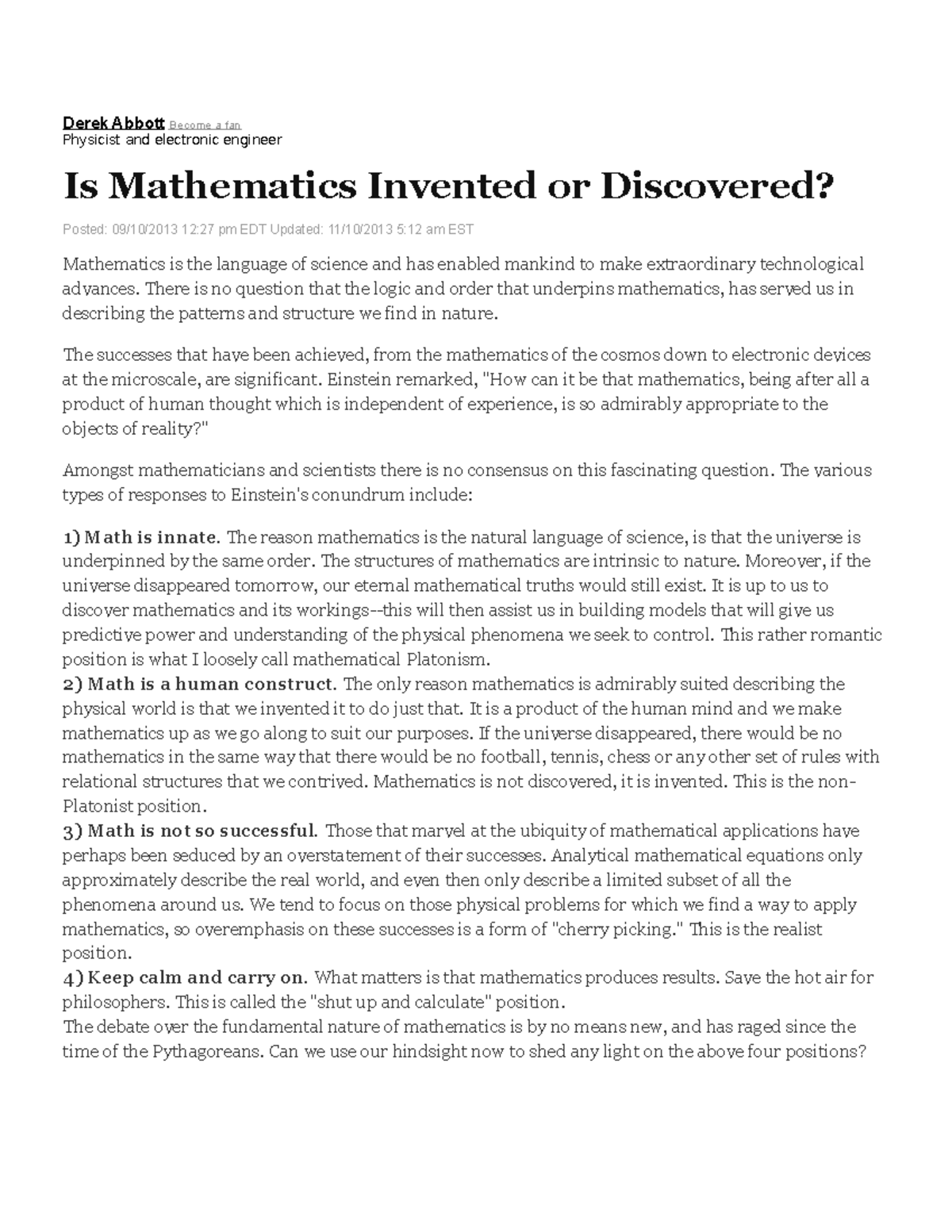 Articles - Math invented or discovered - Derek Abbott Become a fan ...