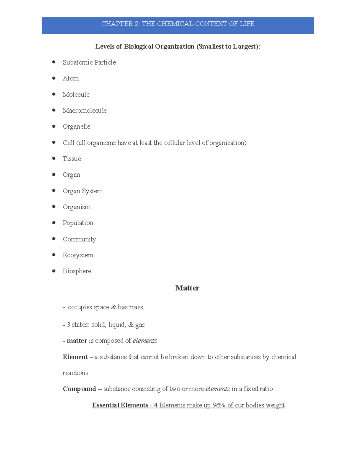 Biology Ch 2 notes - Levels of Biological Organization (Smallest to ...