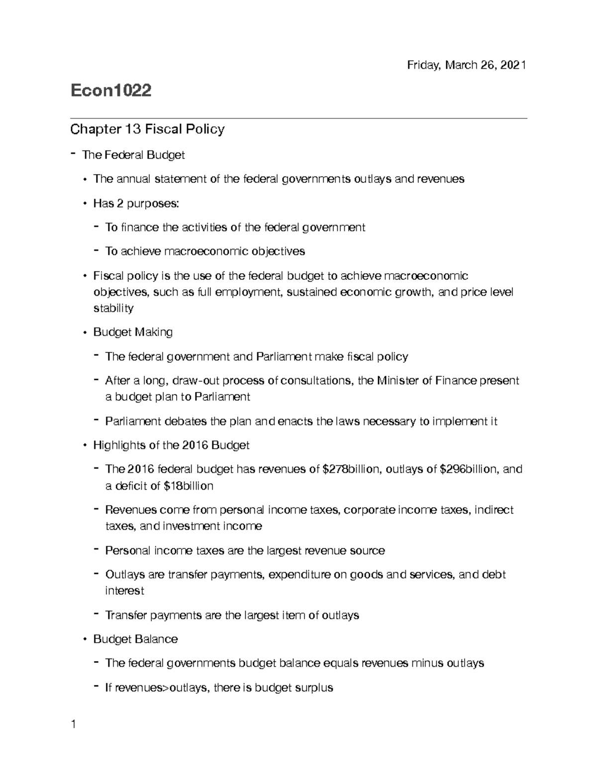 Chapter 13 Econ Notes PDF - Econ Chapter 13 Fiscal Policy - The Federal ...