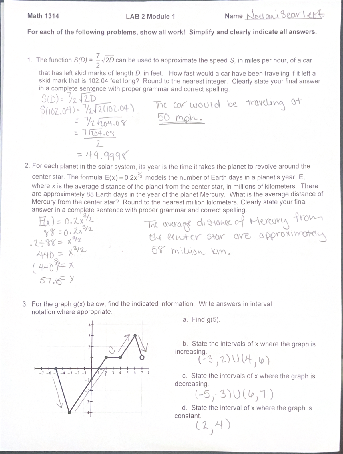 Lab2 Module 1 - Math 1314 LAB 2 Module 1 Name Noelani Scarlett For each of the following ...