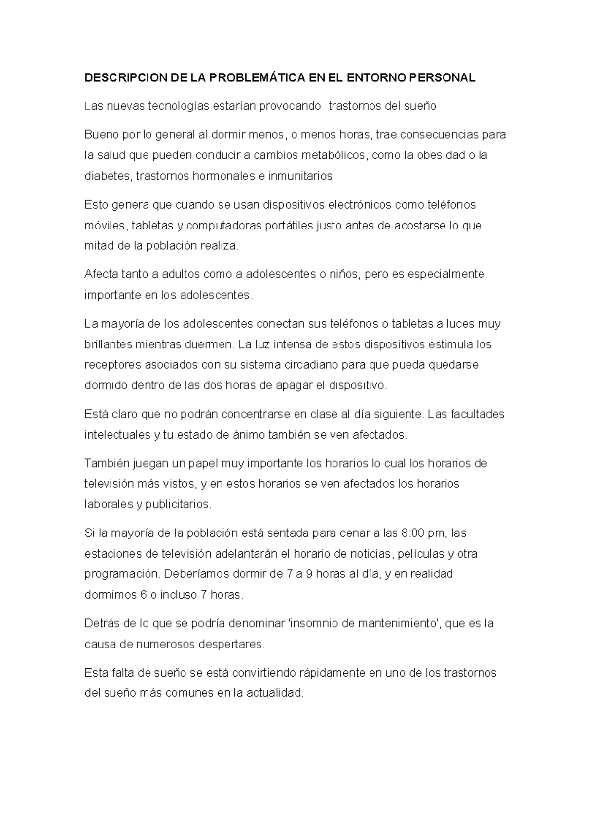 Descripcion DE LA Problemática EN EL Entorno Personal - DESCRIPCION DE ...