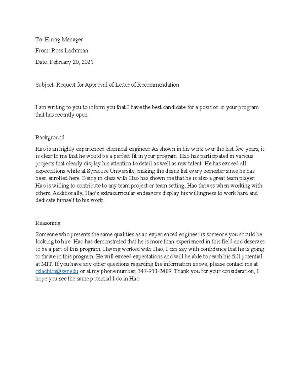 Memo - assignment - To: Hiring Manager From: Ross Lachtman Date ...
