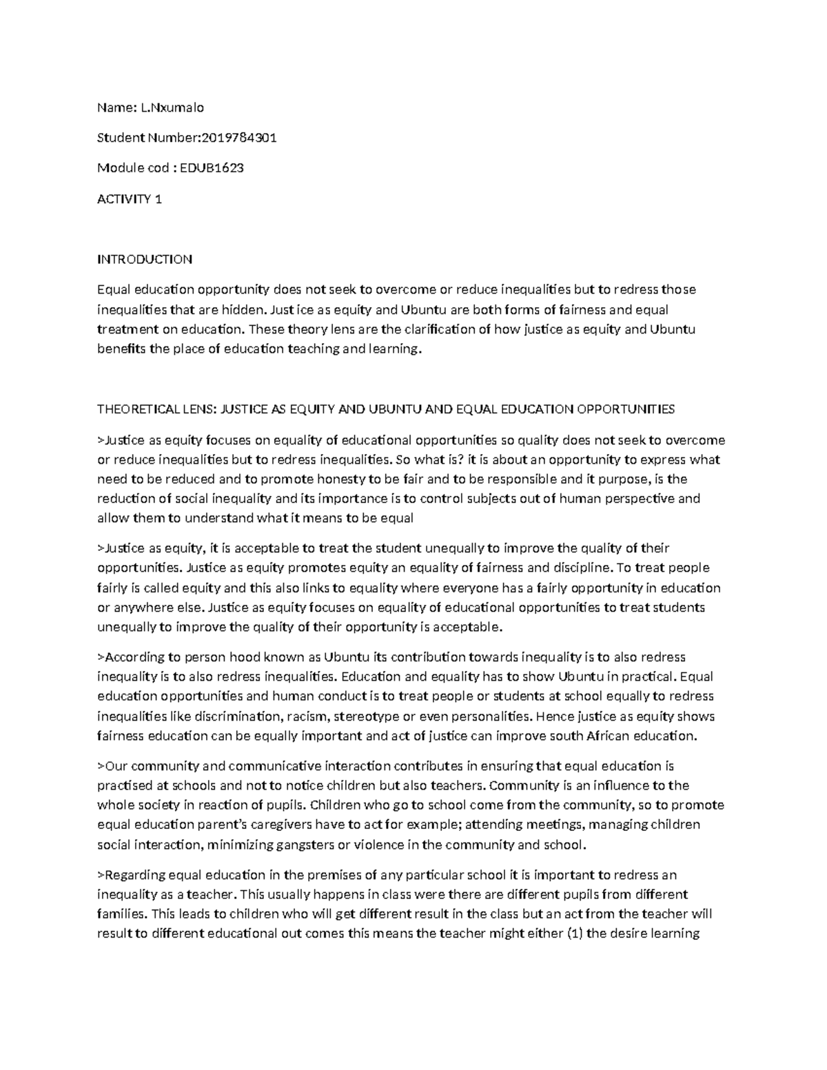 Activiy 1 edub letha - Name: L Student Number: Module cod : EDUB ...