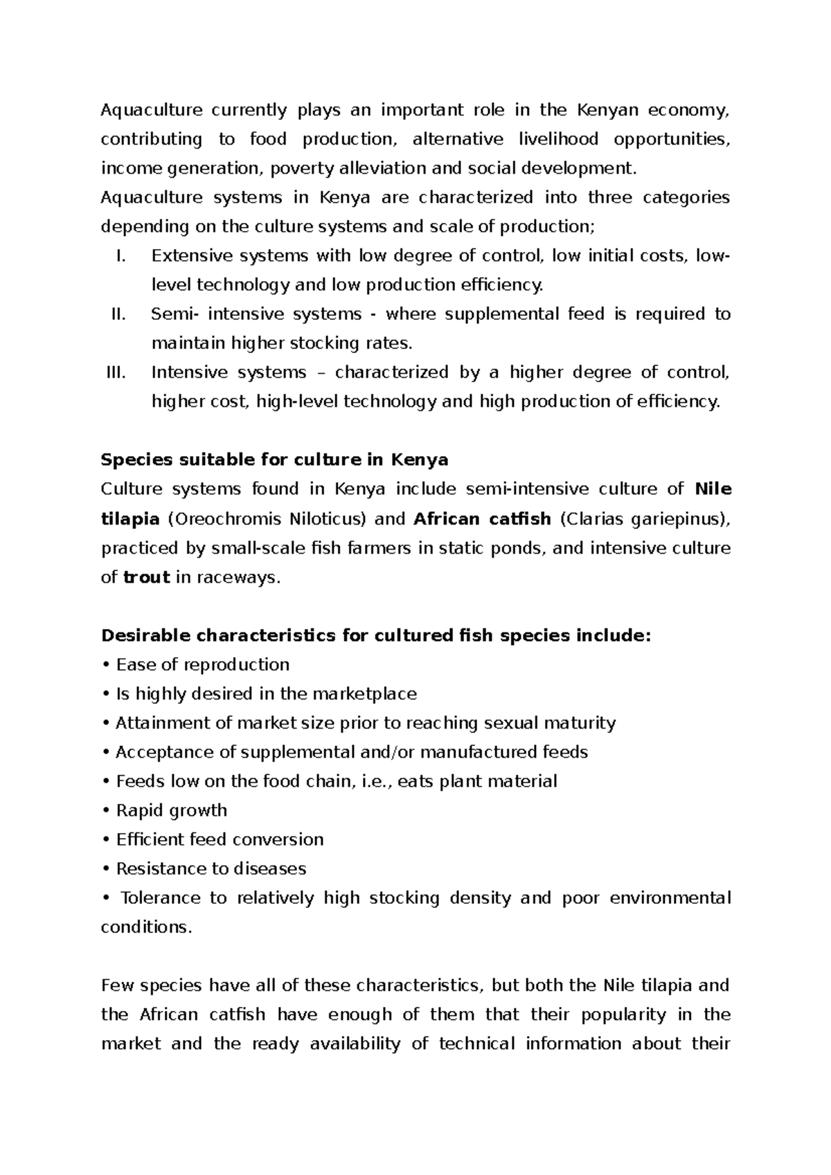 Fish farming class notes - Aquaculture currently plays an important ...