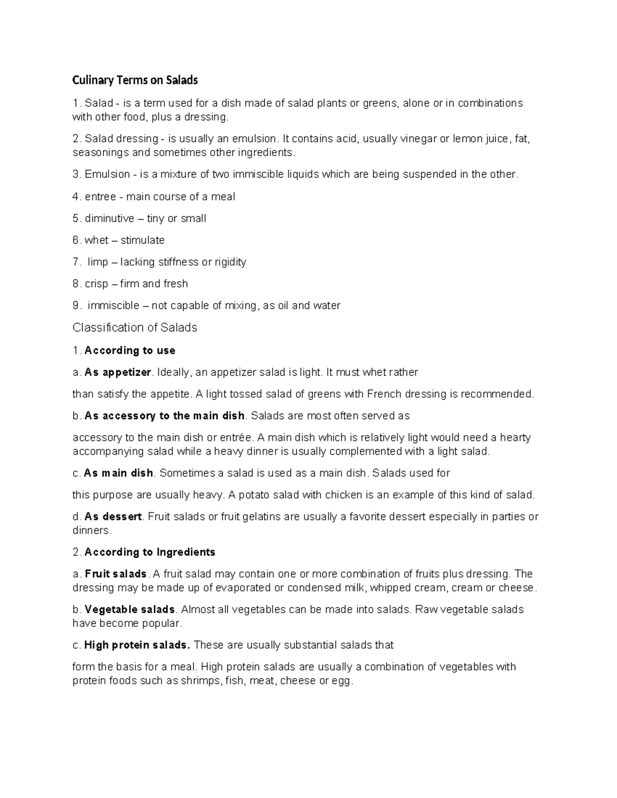 Print - Activities - Culinary Terms on Salads Salad - is a term used ...