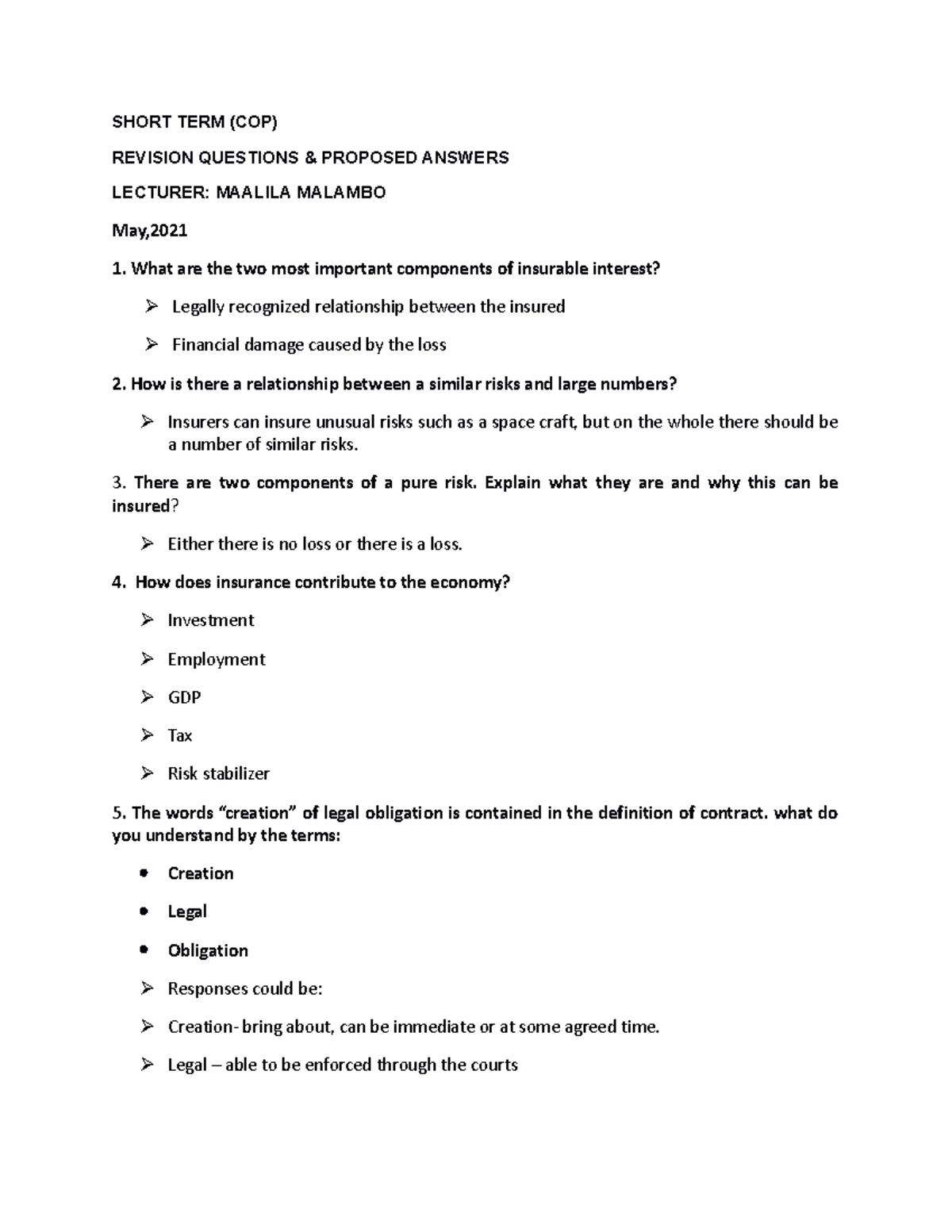 Proposed COP v1 21 v1 Questions AND Answers - SHORT TERM (COP) REVISION ...