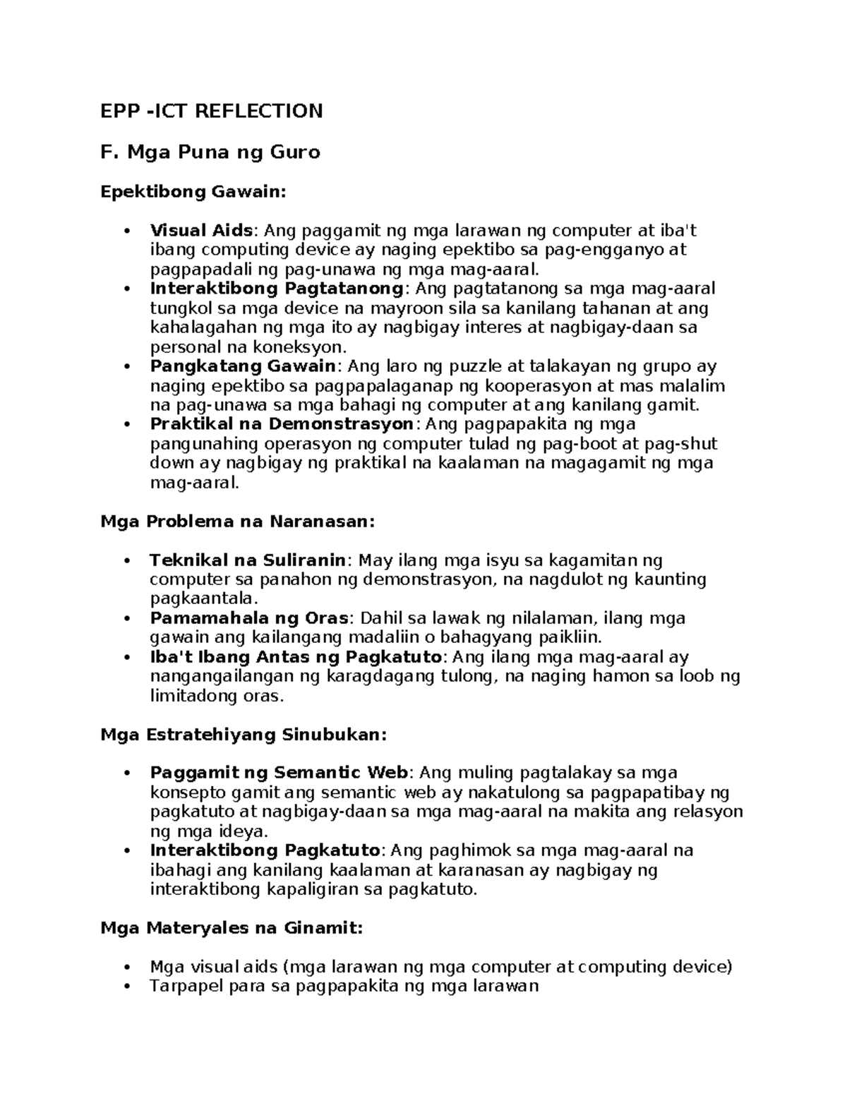 DLL Reflection Remarks EPP ICT WEEK 1 - EPP -ICT REFLECTION F. Mga Puna ...
