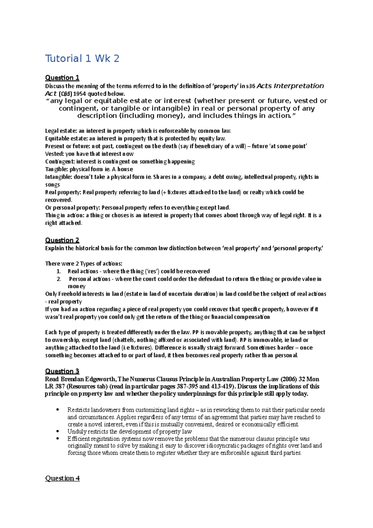 Property law tutorials - Tutorial 1 Wk 2 Question 1 Discuss the meaning ...
