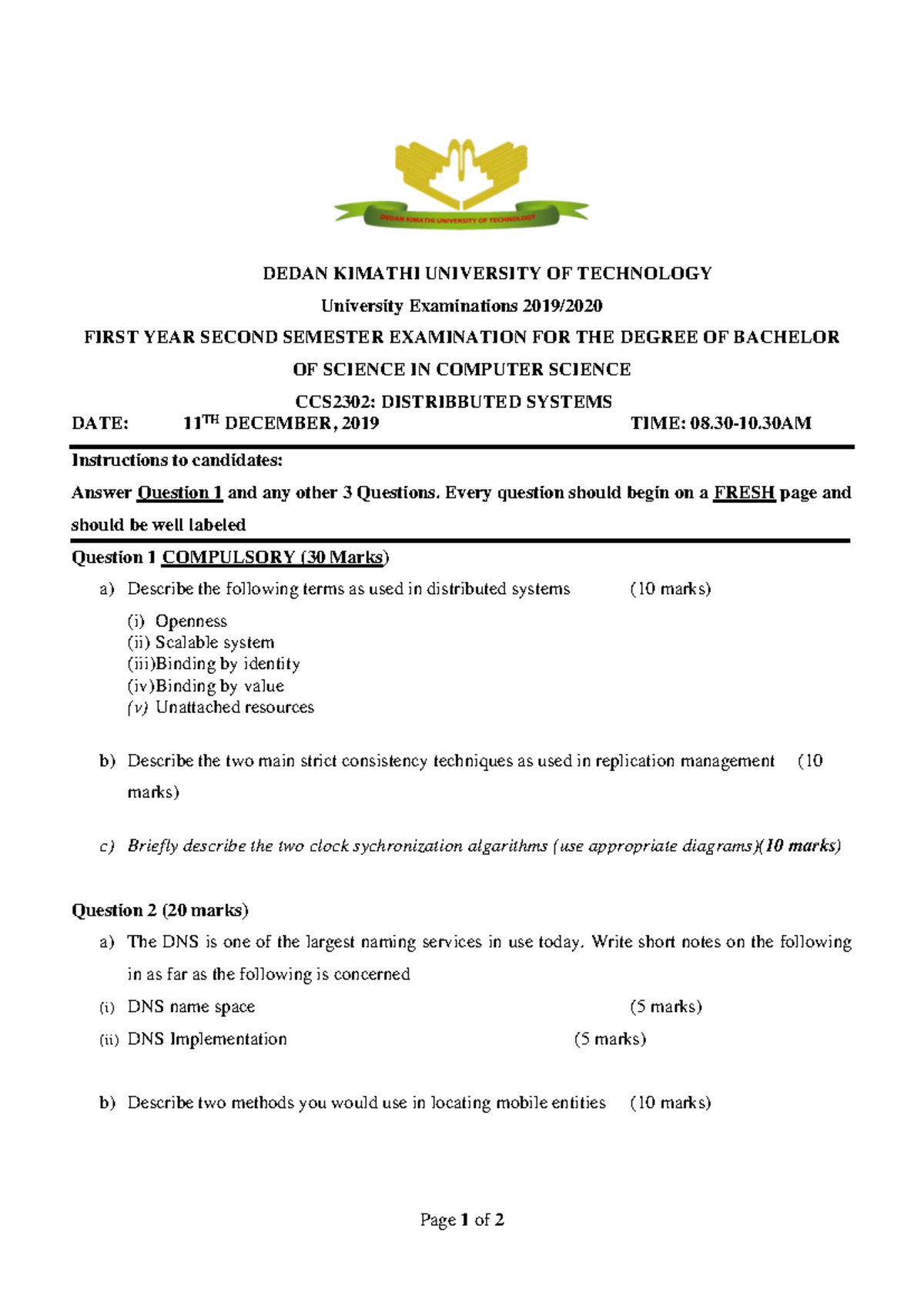 CCS2302 Distributed Systems Exam Sep2019 print ready - Page 1 of 2 DEDAN KIMATHI UNIVERSITY OF ...