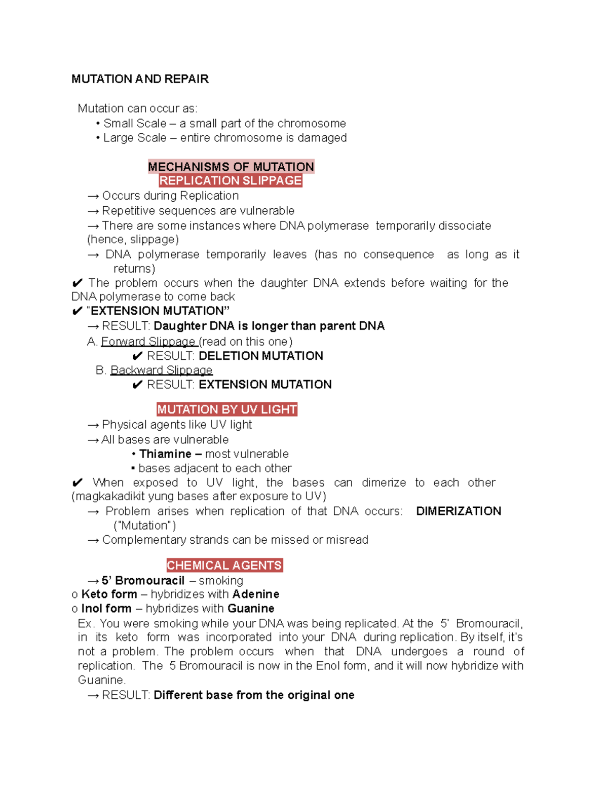 Mutation AND Repair - notes - MUTATION AND REPAIR Mutation can occur as ...
