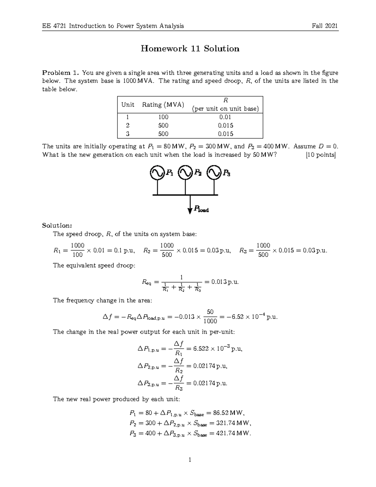 EE4721-HW11-Solution - EE 4721 Introduction to Power System Analysis ...