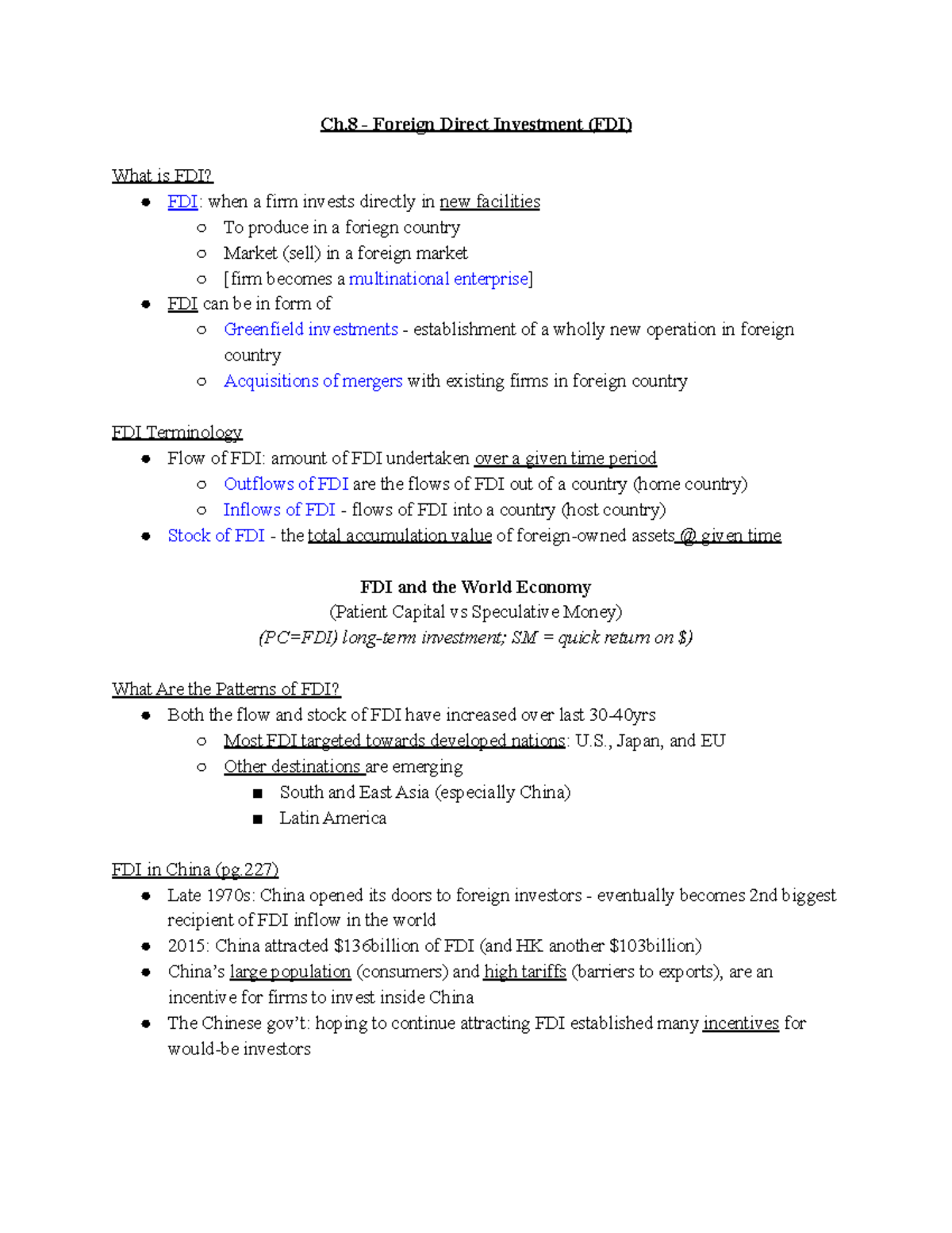 Ch.8 (FDI) - FDI Notes - Ch - Foreign Direct Investment (FDI) What is ...