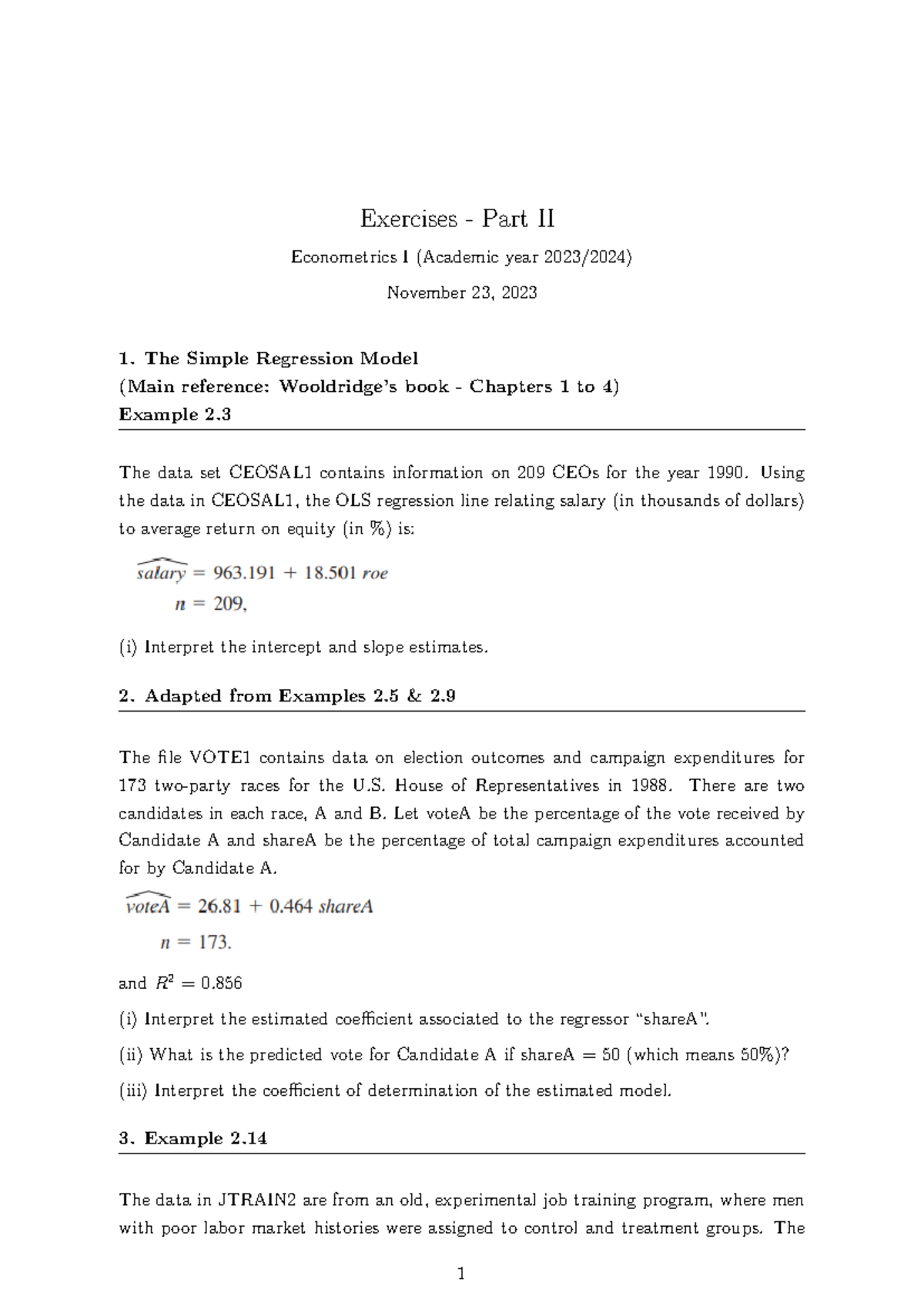 Exercises Part2 - Exercícios sobre Simple Regression Model - Exercises - Part II Econometrics I ...