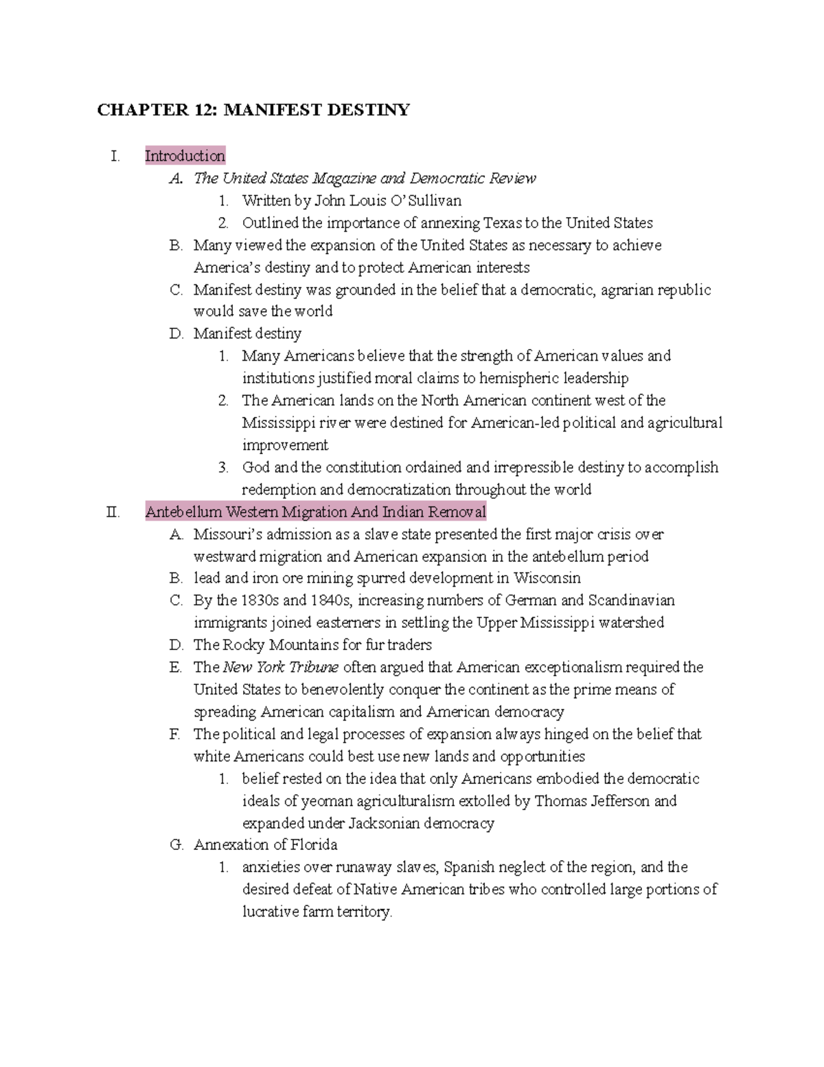 AP US History chapter 12 - CHAPTER 12: MANIFEST DESTINY I. Introduction ...