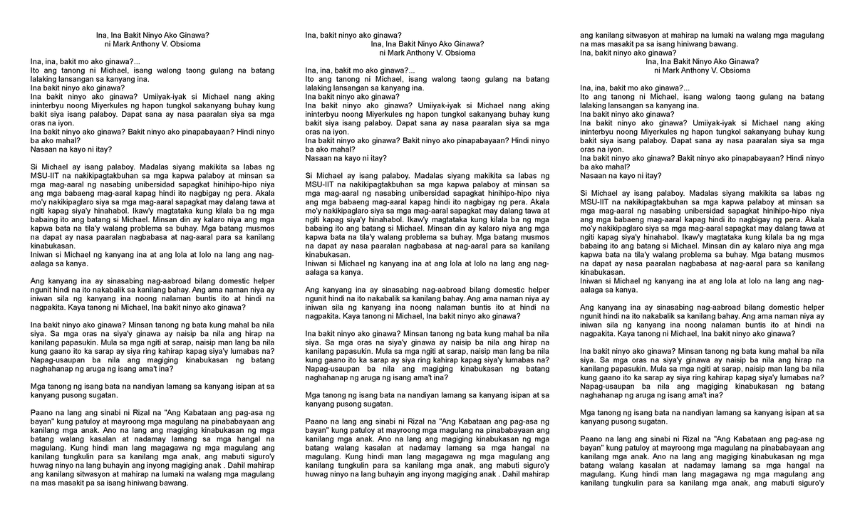 Catch up text - Ina, Ina Bakit Ninyo Ako Ginawa? ni Mark Anthony V. Obsioma Ina, ina, bakit mo ...