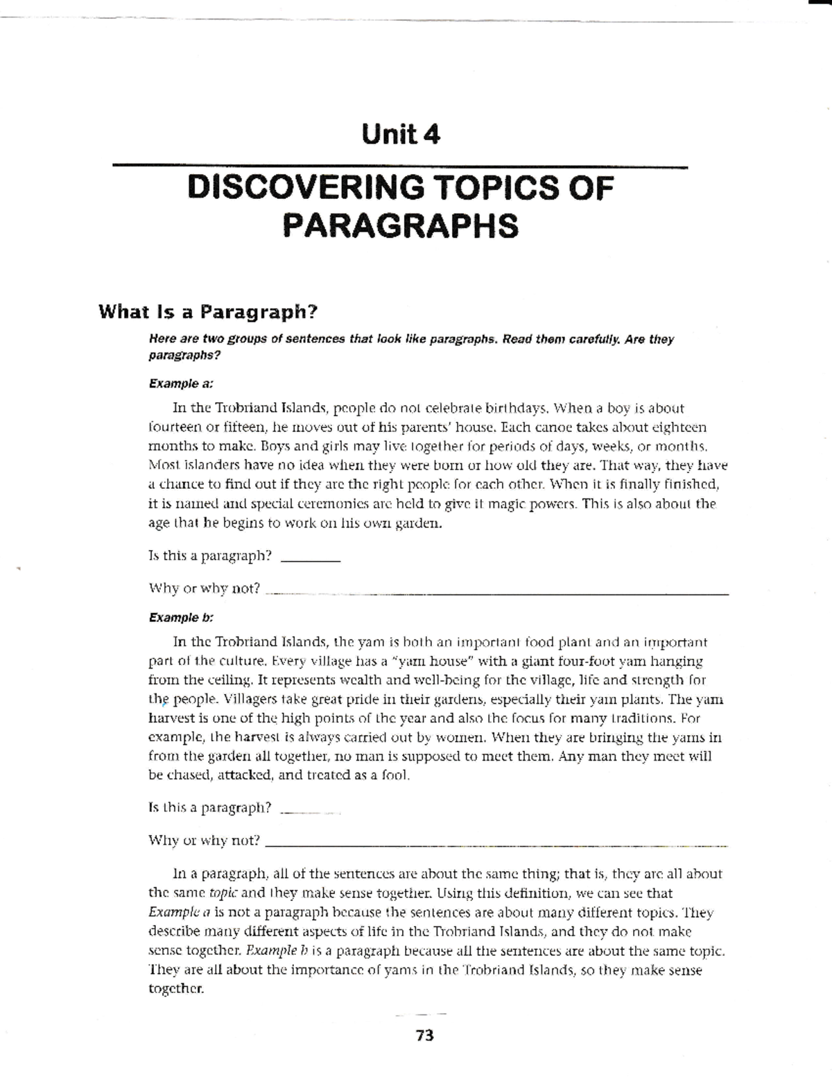 Unit 4 Finding Topics of Paragraphs - Unit 4 DISCOVERING TOPICS OF PARAGRAPHS What ls a ...