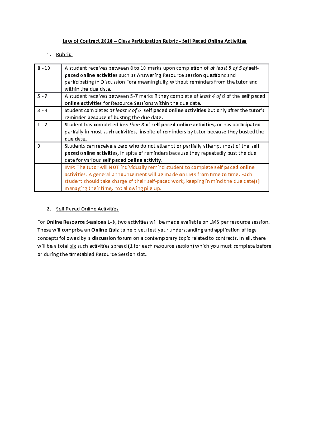 Class Particpation Rubric - for online activites - Law of Contract 2020 ...