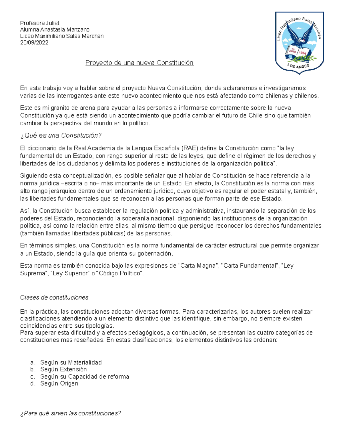 Proyecto De Una Nueva Constitución Alumna Anastasia Manzano Liceo
