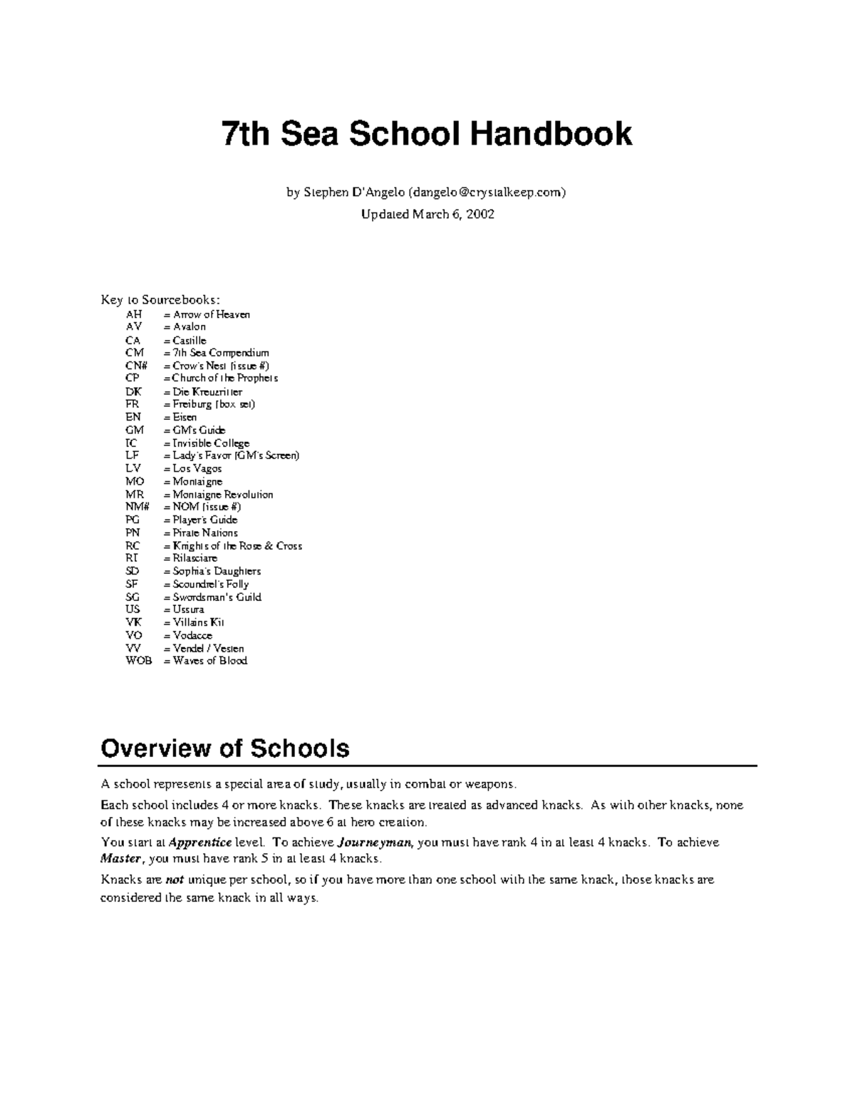 7º Mar - Combat Schools Handbook - 7th Sea School Handbook by Stephen D ...