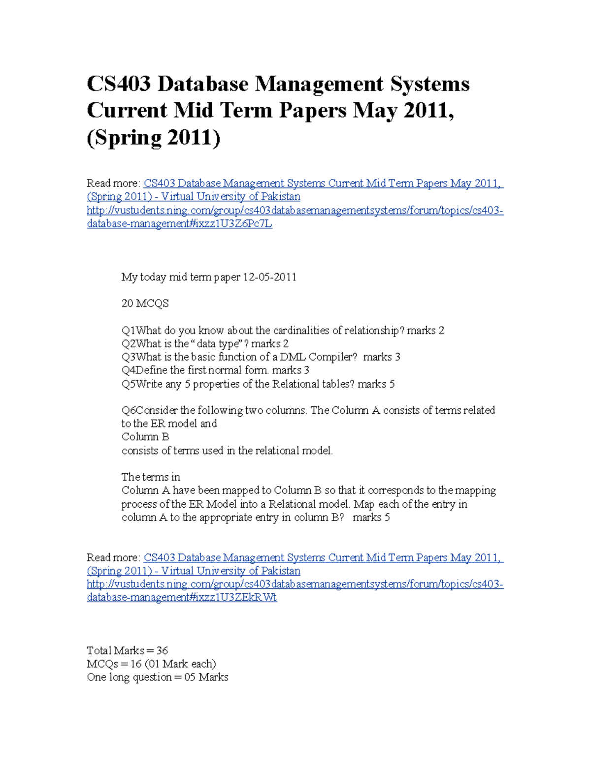 Cs403 Database Management Systems Current Mid Term Papers May 2011