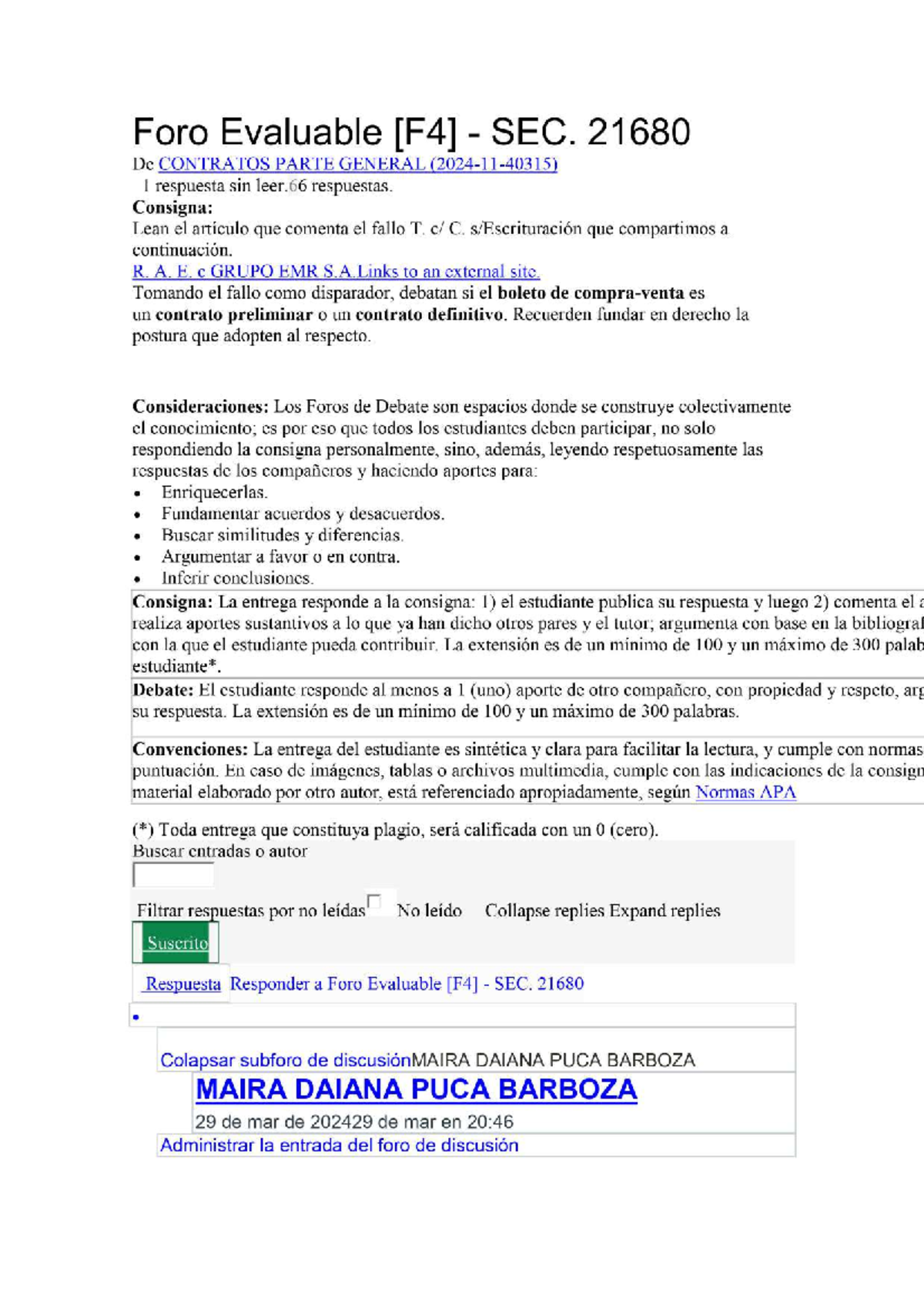 Foro Evaluable [F4] Contrato - Foro Evaluable SEC. 21680 De CONTRATOS PARTE GENERAL 1 respuesta ...