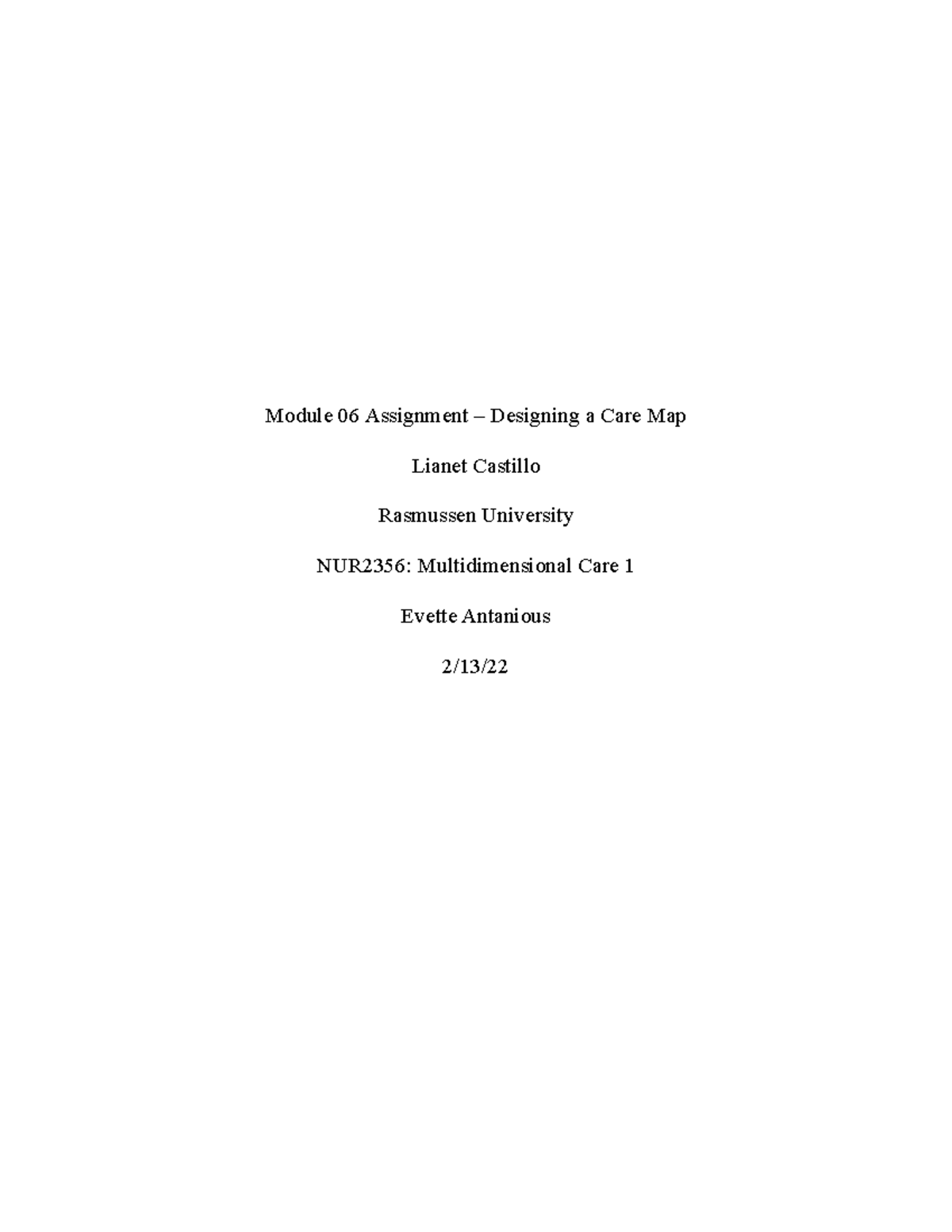 Lcastillo Module 06Assignment 21222 - Module 06 Assignment – Designing a Care Map Lianet ...