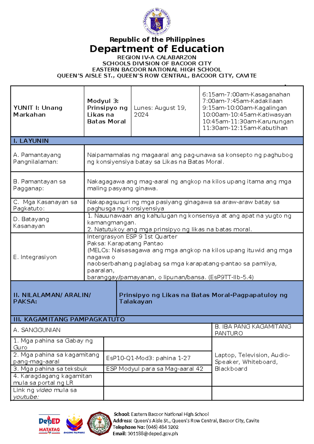 Day-1 Lesson Plan - Republic of the Philippines Department of Education ...