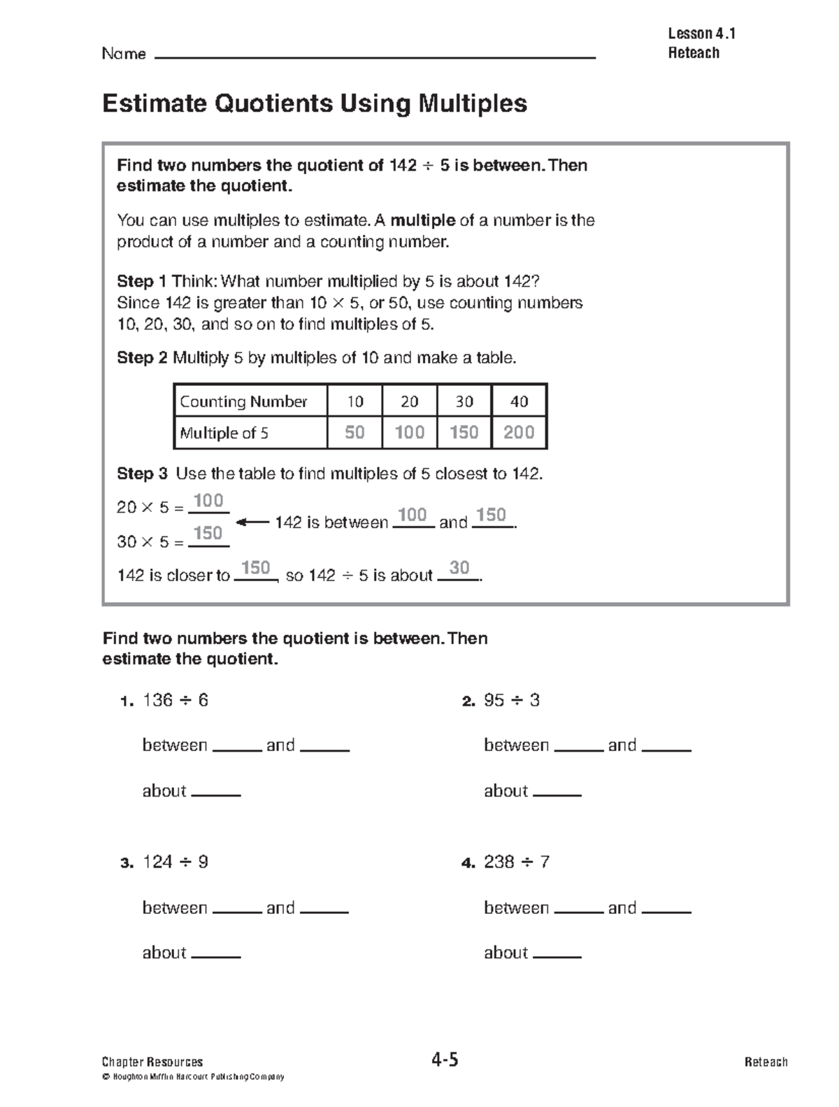 4 - Mathematics - Name 150 150 150 100 100 30 Estimate Quotients Using ...