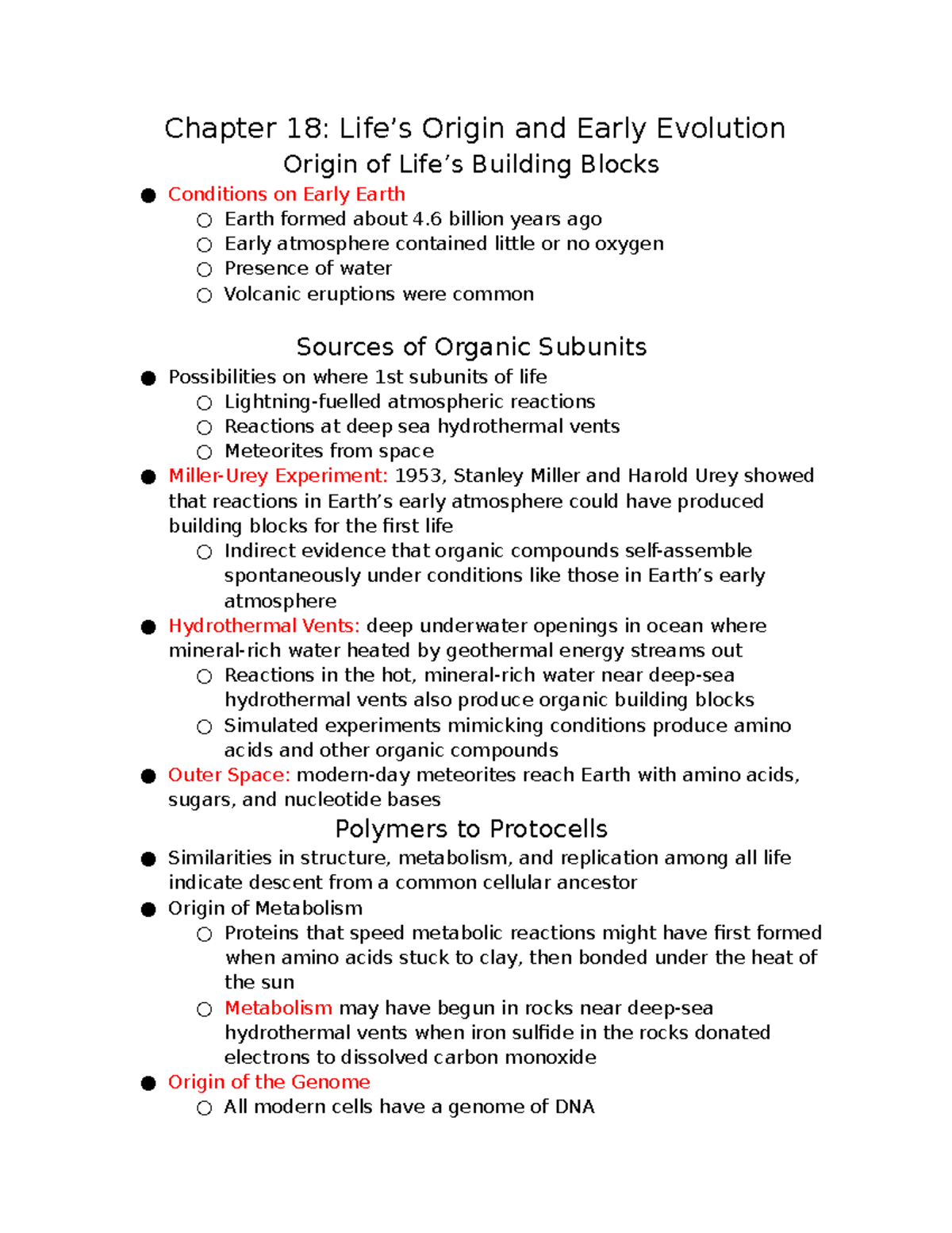 BIOL 101 Module 12 Notes Life's Origin and Early Evolution - Chapter 18 ...