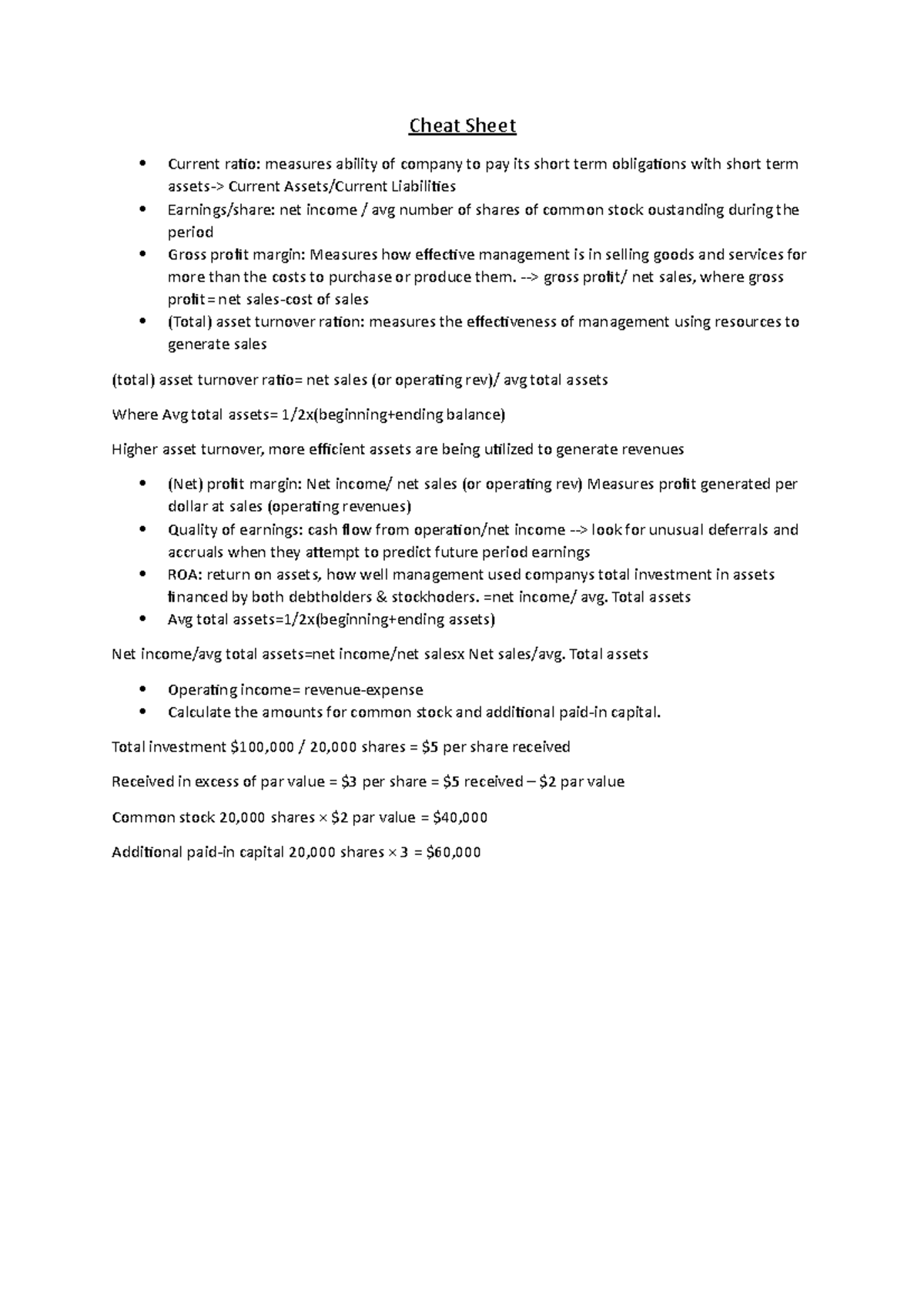 Documento 2 - Basics - Cheat Sheet Current ratio: measures ability of ...