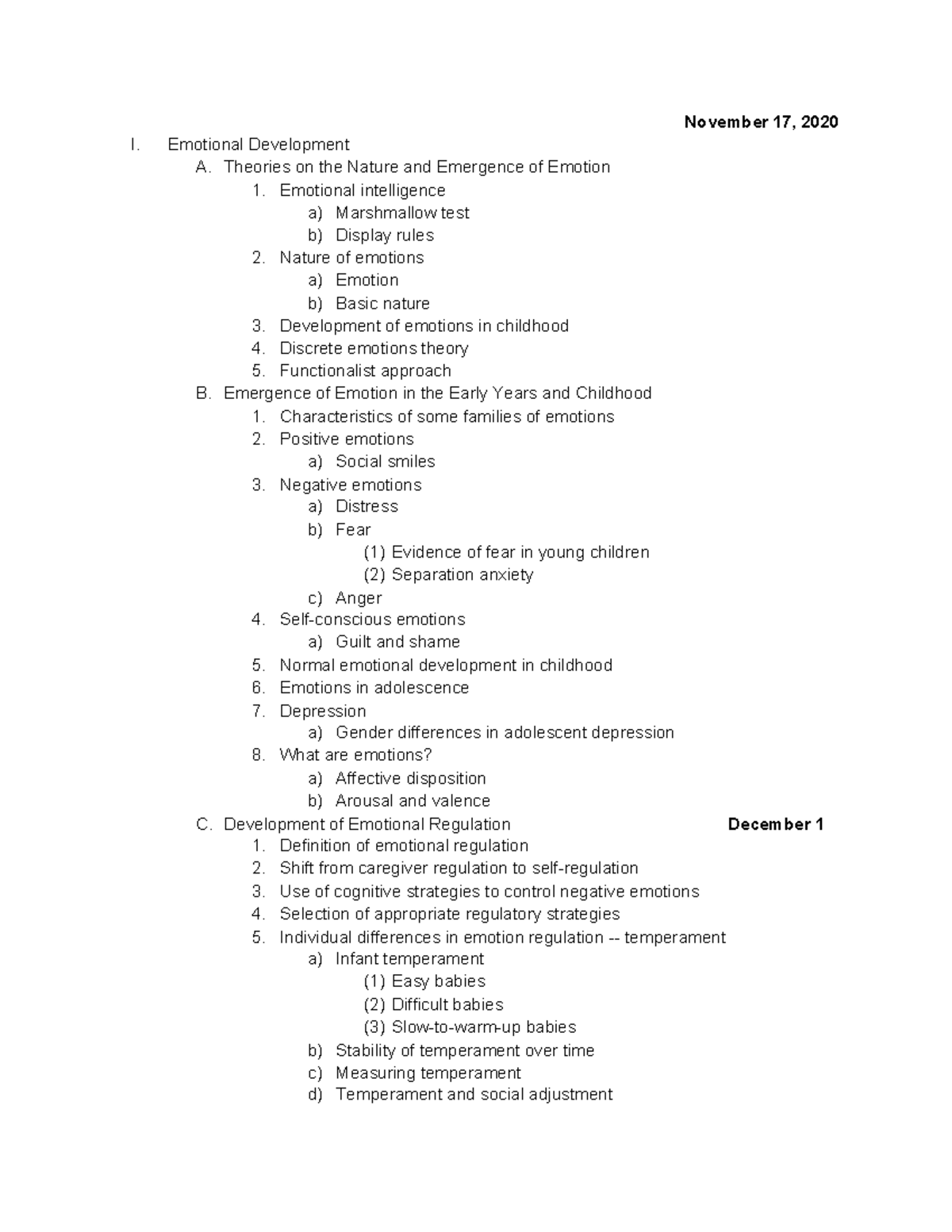 Psy 220 final - Yes - November 17, 2020 I. Emotional Development A ...
