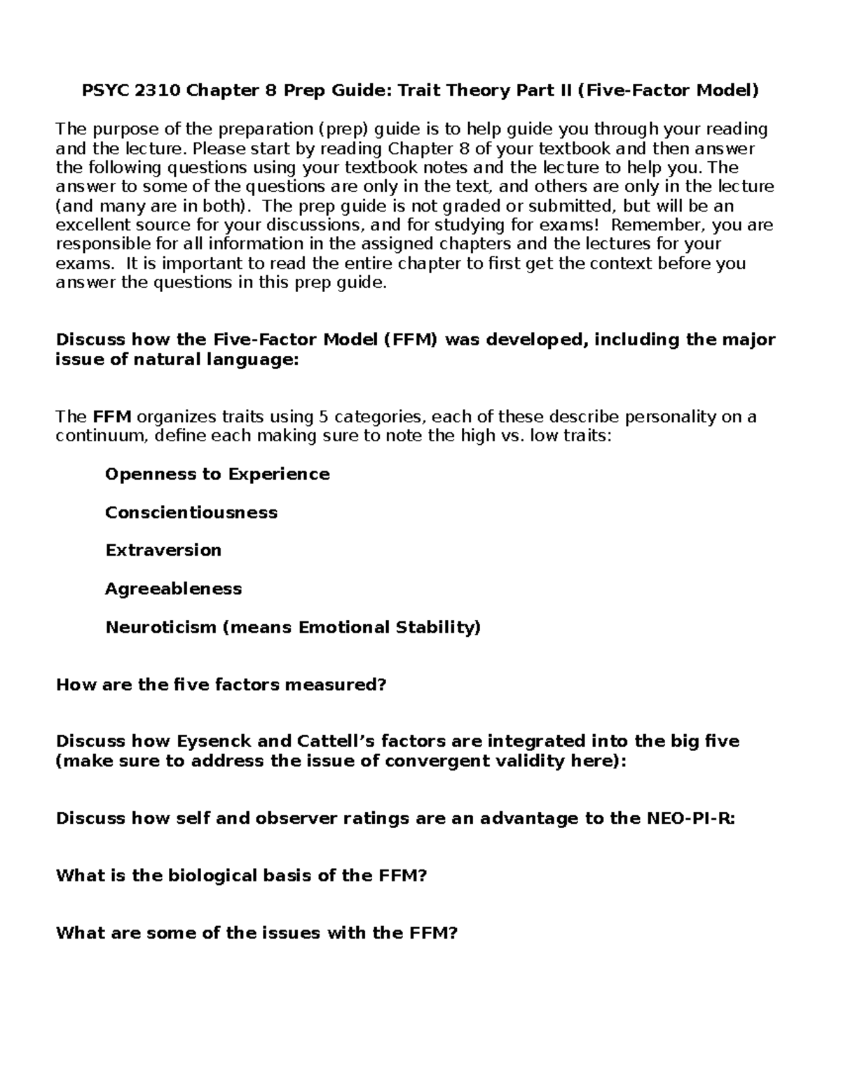 Psyc 2310 Prep Guide Ch 8 Trait Theory Ii Psyc 2310 Chapter 8 Prep Guide Trait Theory Part Ii