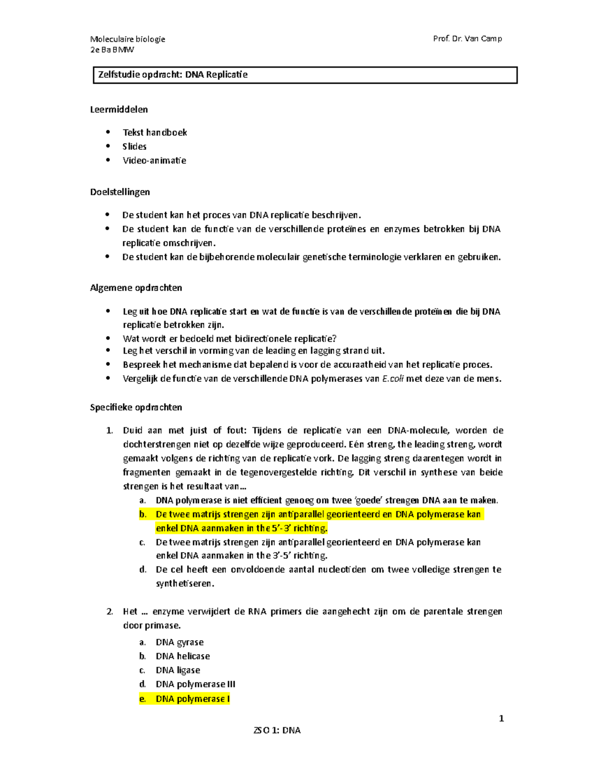 MOL ZS1 DNA replicatie - oplossingen van moleculaire biologie ...