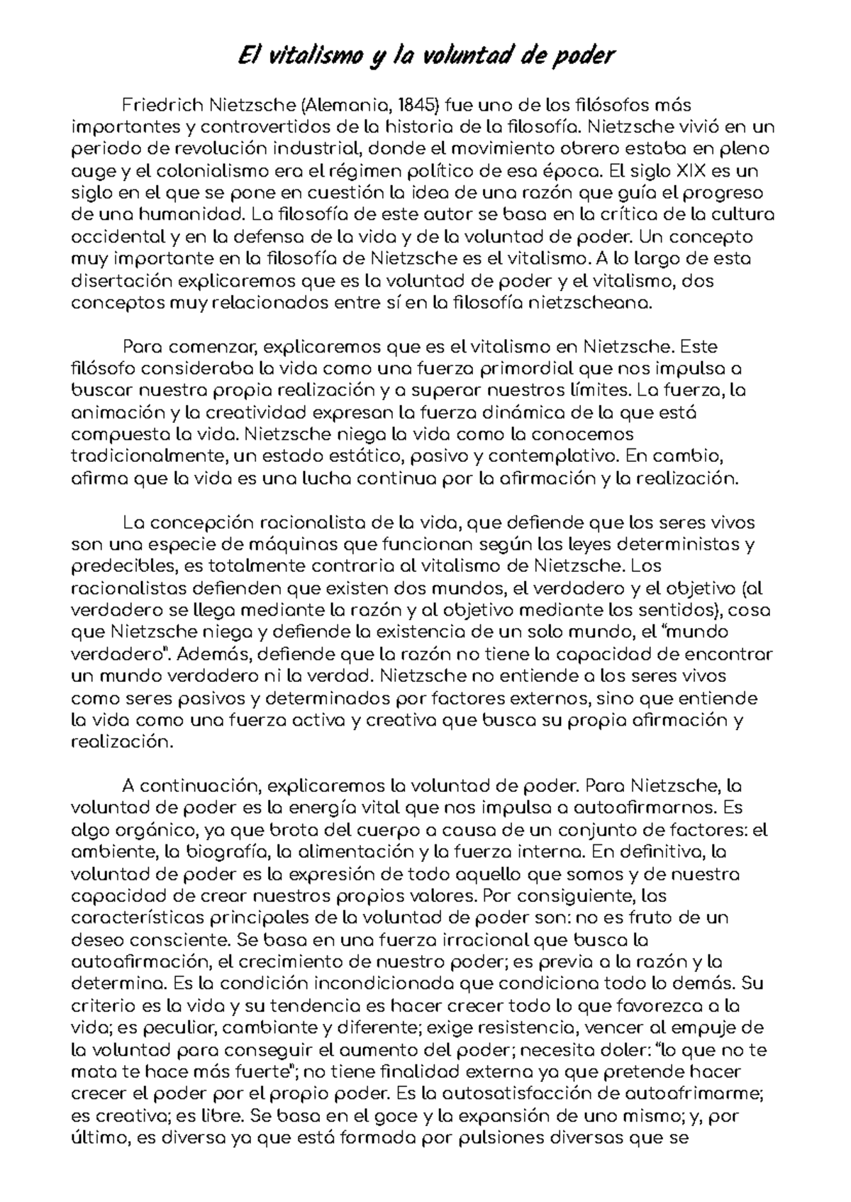 Disertación Nietzsche - El vitalismo y la voluntad de poder Friedrich ...
