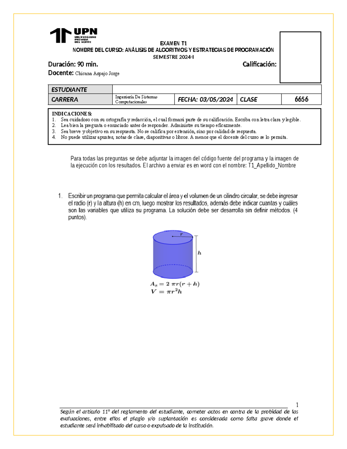 dwadafwawfwqwqeqe - EXAMEN T NOMBRE DEL CURSO: ANÁLISIS DE ALGORITMOS Y ...