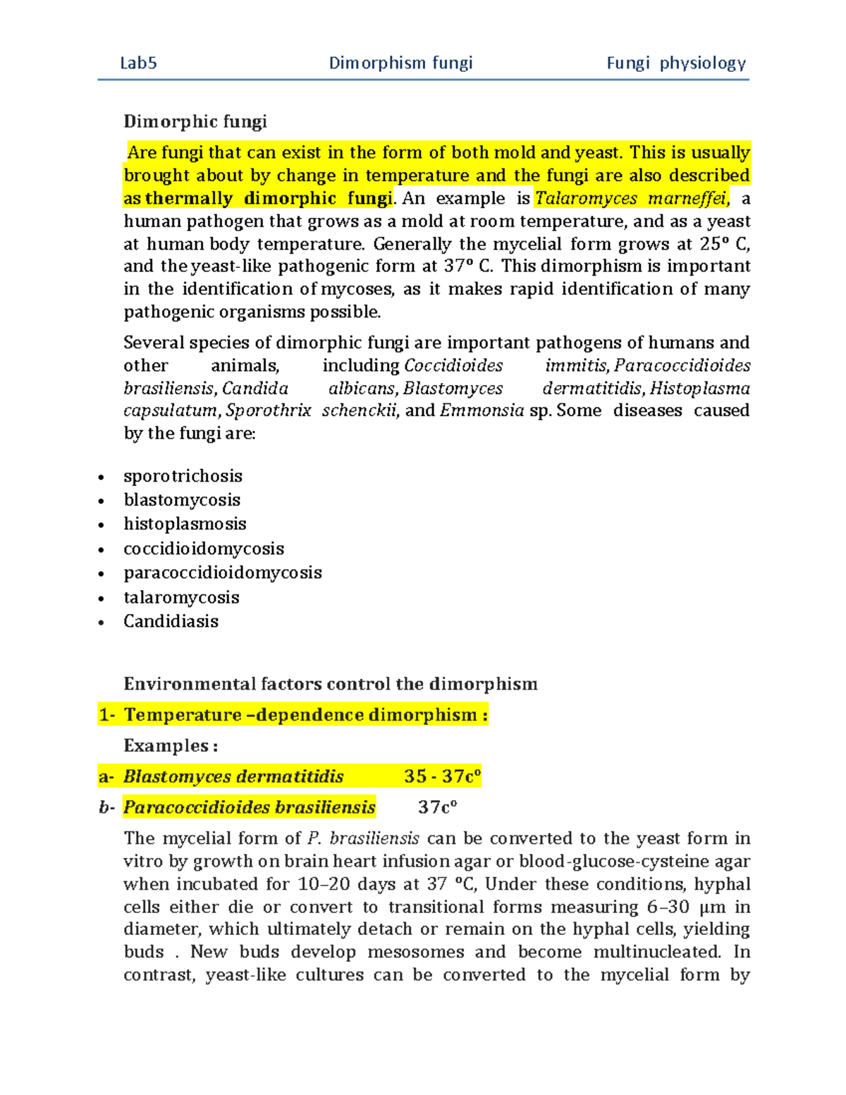 Ecology and Fungal Physiology lab 5 - Lab5 Dimorphism fungi Fungi ...