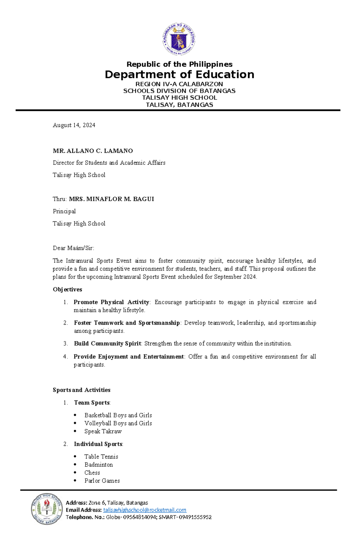 Request letter for the upcoming Intramurals - Republic of the ...