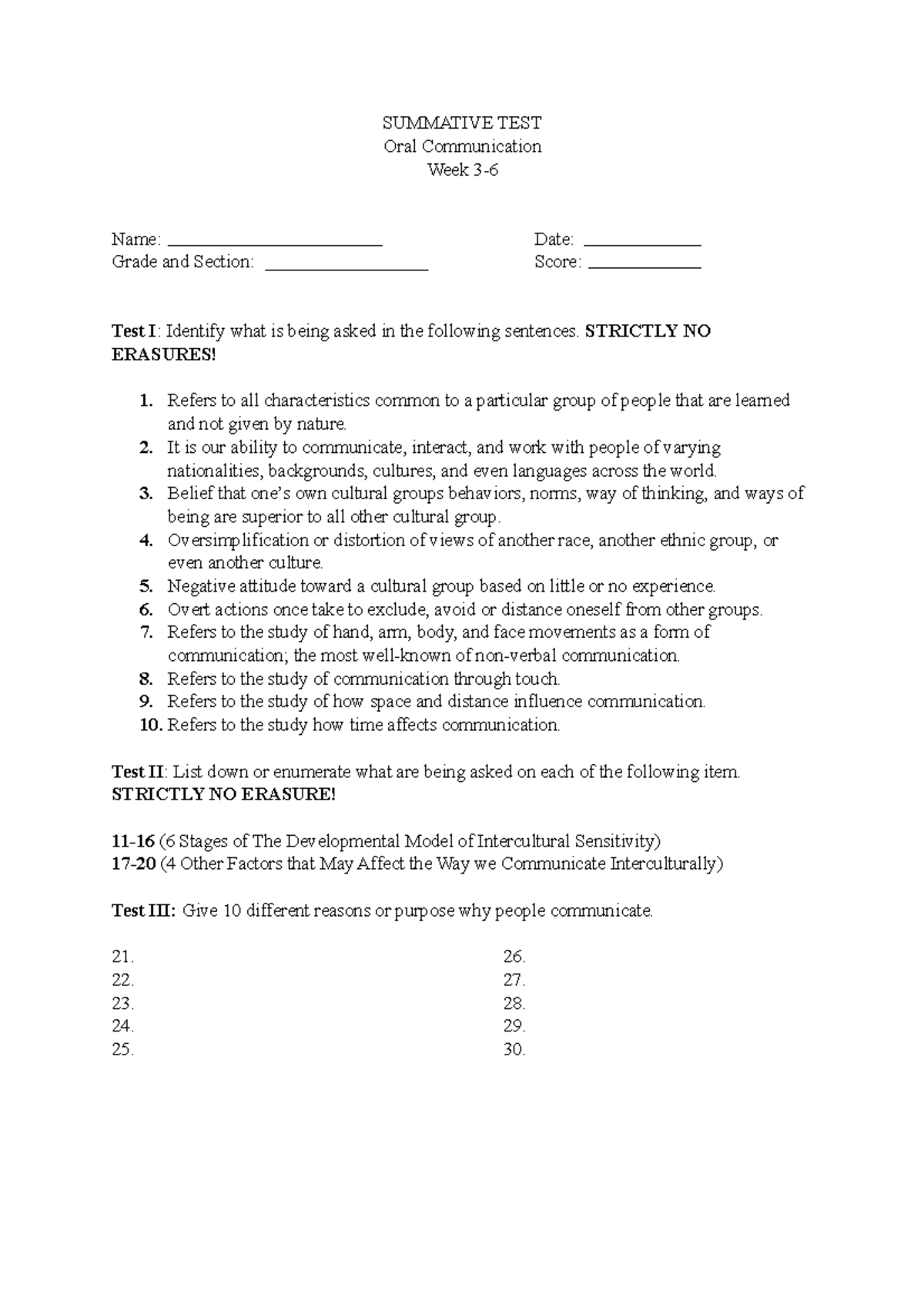 Oc2 - Oral Com - SUMMATIVE TEST Oral Communication Week 3- Name: Date ...