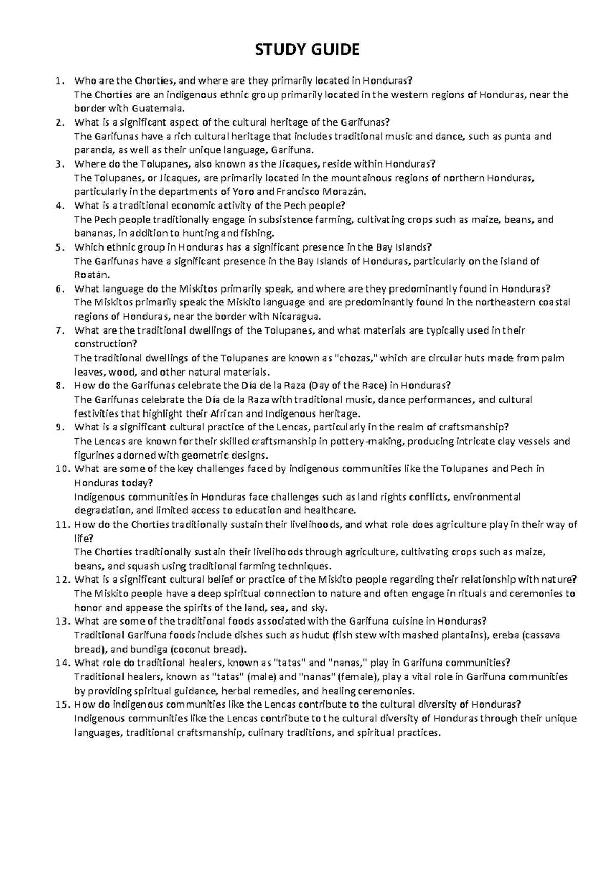 Study Guide 10TH Grade - STUDY GUIDE Who are the Chortíes, and where ...