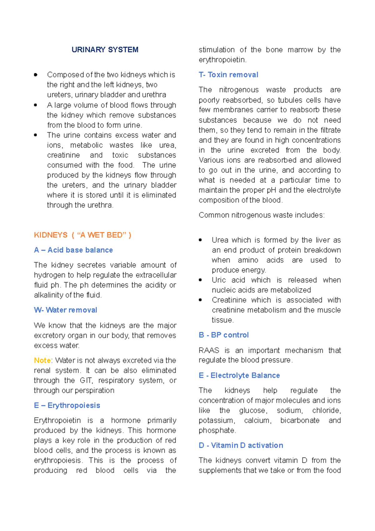 Urinary- System - URINARY SYSTEM Composed of the two kidneys which is ...